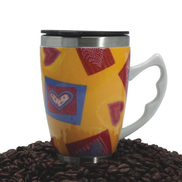 Danesco Double-Walled Mug With Lid – 14 oz – Hearts Design